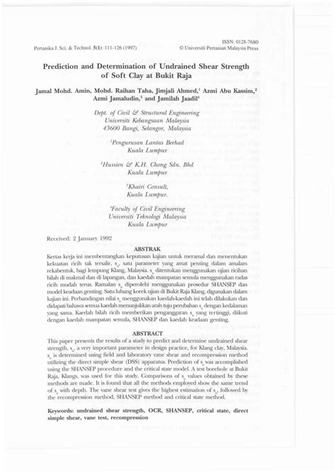 Prediction And Determination Of Undrained Shear Strength Of Soft