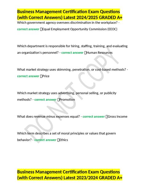 Business Management Certification Exam Questions With Correct Answers Latest 2024 2025 G