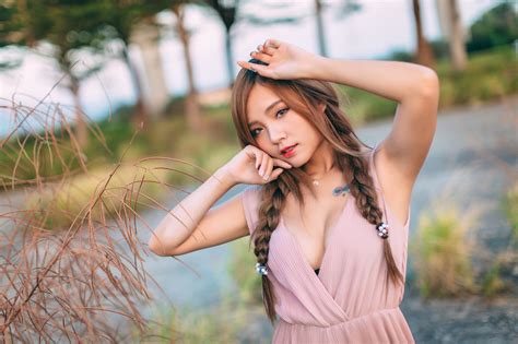 Fond Décran Asiatique Maquette Femmes Brunette Tresses Braided