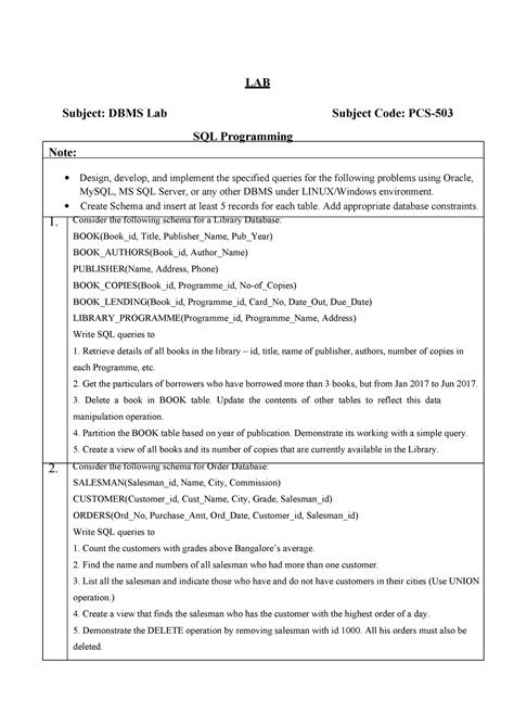 dbms lab 4 sep 23 lab subject dbms lab subject code pcs 503 note