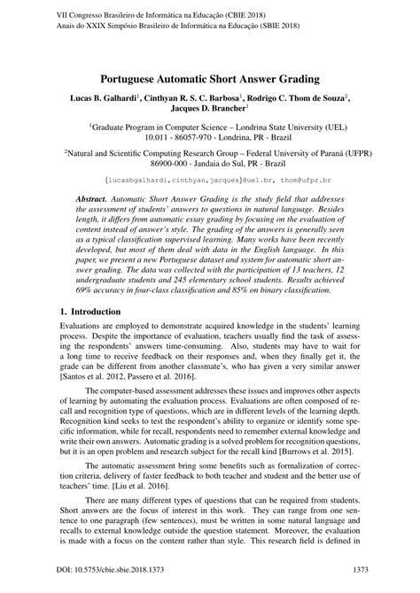 Pdf Portuguese Automatic Short Answer Grading
