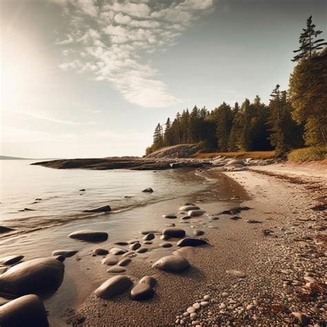 Premium Ai Image There Is A Beach With Rocks And Trees On The Shore