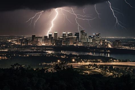 Uma Tempestade De Raios Sobre Uma Cidade Com Uma Cidade Ao Fundo Foto