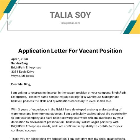 Free Application Letter For Vacant Position Template To Edit Online