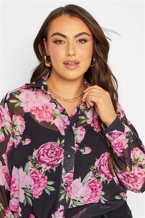 Yours London Plus Size Curve Black And Pink Floral Print Longline Shirt