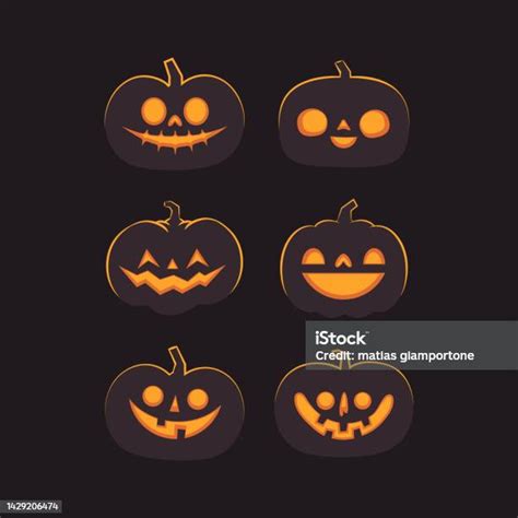 새겨진 할로윈 호박 세트 잭 오 랜턴 은 휴가를위한 당신의 디자인에 미소를 지으며 내부를 빛나게합니다 귀엽고 재미있는 벡터 일러스트레이션 가을에 대한 스톡 벡터 아트 및