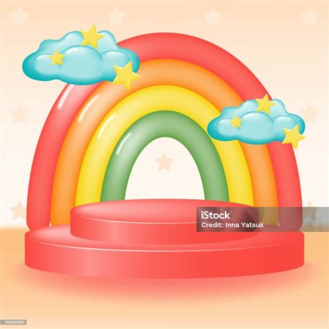베이지색 배경에 만화 무지개 구름 별이 있는 둥근 분홍색 3d 연단 받침대와 무지개가 있는 컬러 배경 벡터 그림입니다 3차원 형태에 대한 스톡 벡터 아트 및 기타 이미지