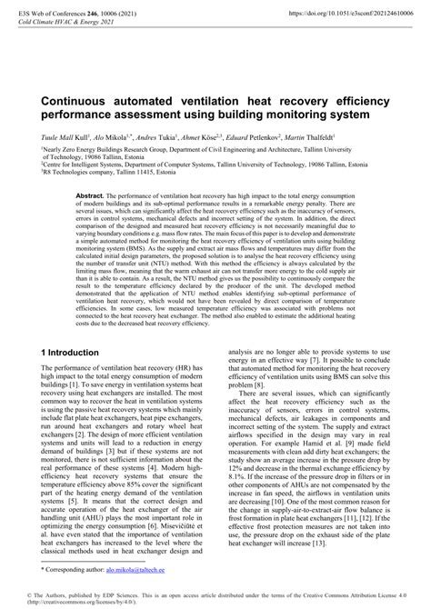 Pdf Continuous Automated Ventilation Heat Recovery Efficiency