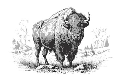 Wild Buffalo Buffaloblack Color In Sketch Style Vector Illustration