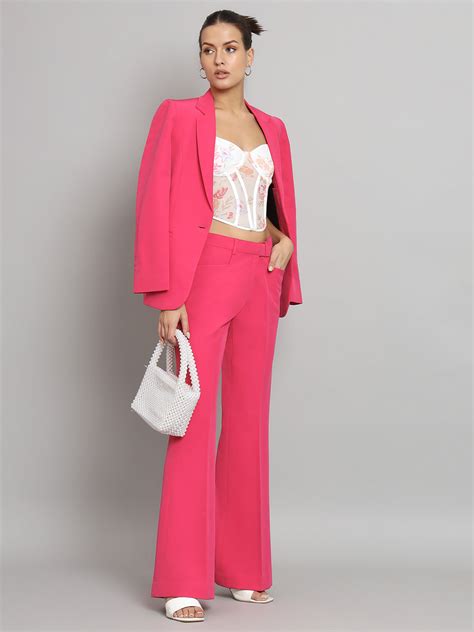 Notch Collar Stretch Pant Suit Hot Pink