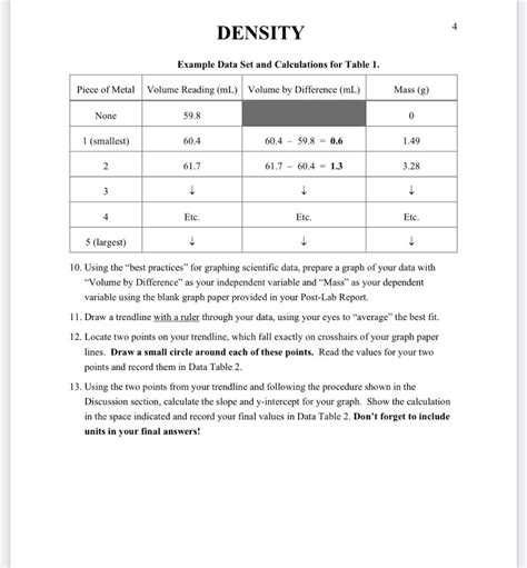 density 4 example data set and calculations for table