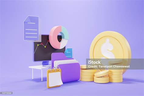 보라색 파스텔 배경에 그래프 동전 문서 및 책 노트가 있는 컴퓨터 모니터 화면의 3d 렌더링 최소한의 디자인 개념 3차원 형태에 대한 스톡 사진 및 기타 이미지 Istock