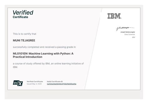 Machinelearning Python Edx Ibm Certificateachievement Muni Tejasree