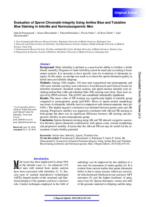 Pdf Evaluation Of Sperm Chromatin Integrity Using Aniline Blue And