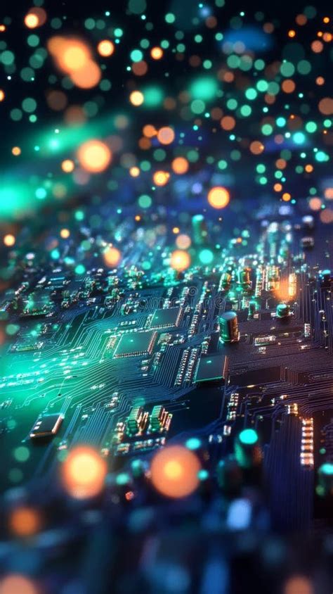 An Illuminated Electronic Circuit Board Displaying Glowing Particles