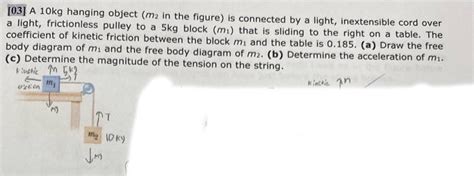 Solved 03 A 10kg Hanging Object M2 In The Figure Is Chegg Com