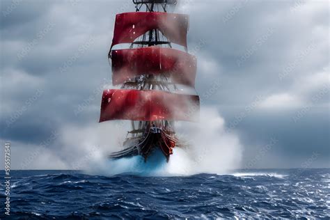 A Pirate Ship Set Sail In Pursuit Through The Ocean With Large Waves Of Water Splashing Against