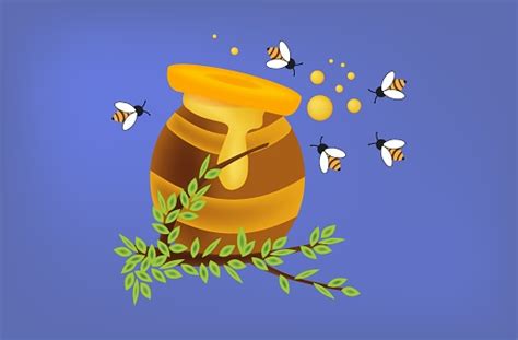 꿀벌 떼와 꿀 항아리 용기에 달콤한 꿀 곤충이나 말벌은 노란 시럽의 냄비 주위에 날아 양봉 제품 배너 또는 포스터 디자인 라벨