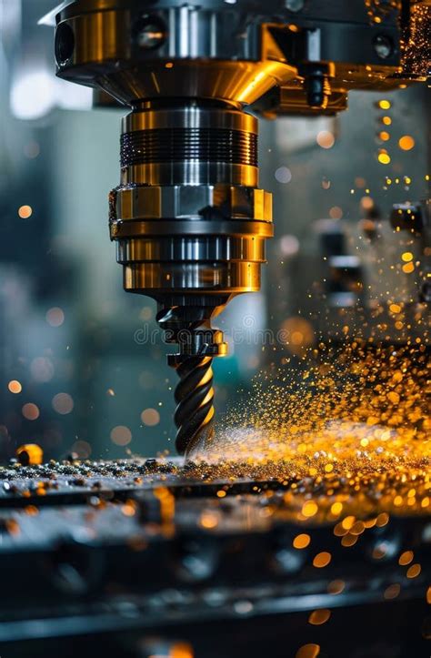 Close Up Of Cnc Machine At Work With Metal Shavings Flying Stock