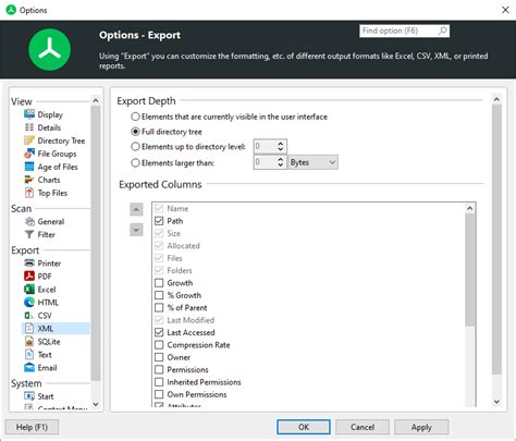 using treesize options dialog export xml