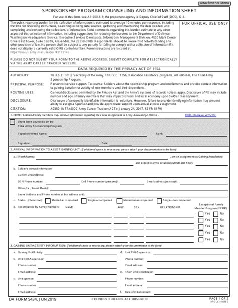 Da Form 5434 Download Fillable Pdf Or Fill Online Sponsorship Program