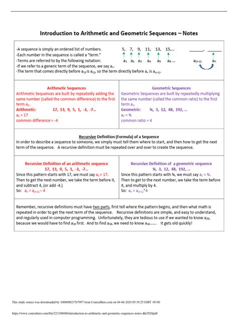 Introduction To Arithmetic And Geometric Sequences Notes Dhr2020 Pdf