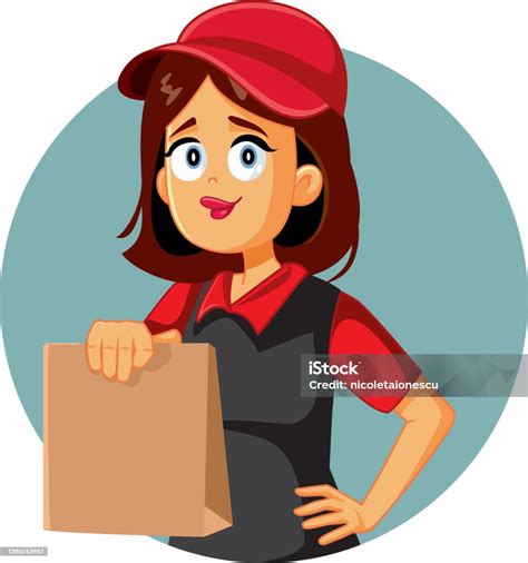패스트푸드 작업자가 주문 벡터 일러스트레이션을 나눠 주다 배달에 대한 스톡 벡터 아트 및 기타 이미지 배달 가방 여성 Istock
