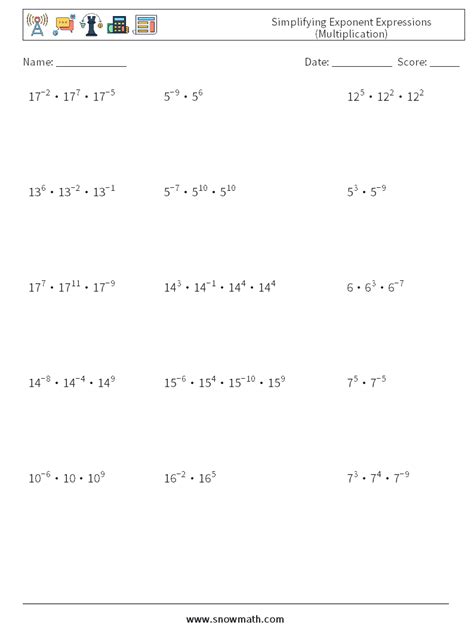 Simplifying Exponent Expressions Multiplication Math Worksheets 7math