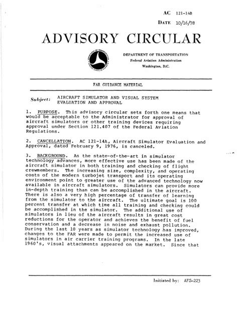 Faa Ac 121 14b Aircraft Simulator And Visual System Evaluation And
