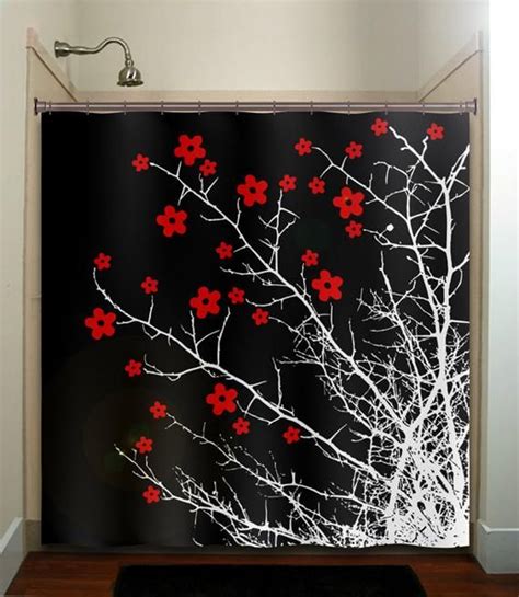 Red Cherry Blossoms Shower Curtains Extra Long Fabric Shower Curtain Stall Custom Wall