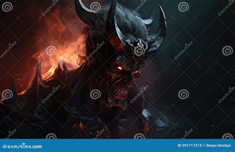 Photo Of A Fearsome Demon With Fiery Red Eyes And Menacing Horns Stock