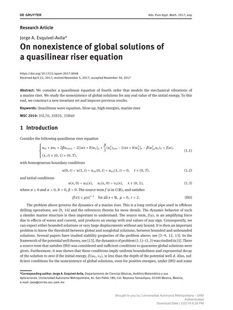 Pdf On Nonexistence Of Global Solutions Of A Quasilinear Riser Equation