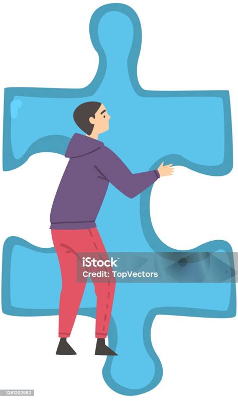 직소 퍼즐을 해결 하는 사업가 블루 퍼즐 요소 만화 스타일 벡터 일러스트를 연결 하려고 하는 사람 개념에 대한 스톡 벡터 아트 및 기타 이미지 Istock