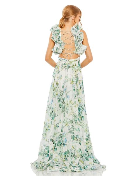 Blue Multi Mac Duggal 68521 Long Cap Sleeve Floral Chiffon Formal Dress