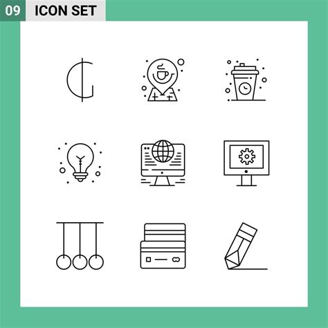 Group Of 9 Outlines Signs And Symbols For Computer Light Bulb Map Idea Cup Editable Vector