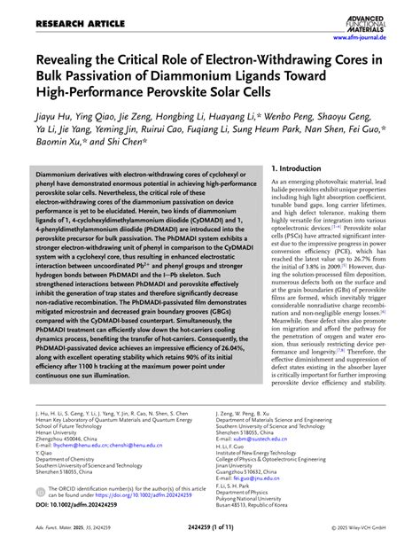 Revealing The Critical Role Of Electron‐withdrawing Cores In Bulk Passivation Of Diammonium