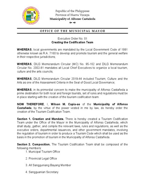 Executive Order Creating The Codification Team Pdf Social