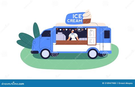Ice Cream Food Truck Mobile Cafe Van Selling Icecream Outdoors Street