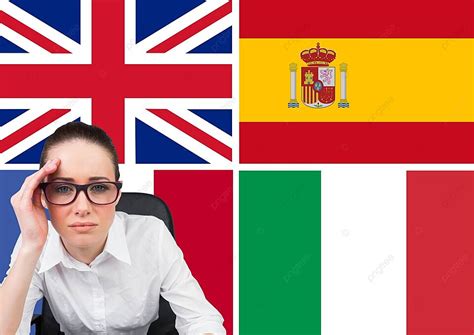Main Language Flags Behind Overwhelmed Young Woman Photo Background And