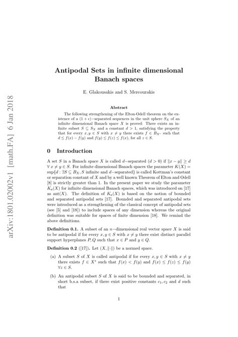 Pdf Antipodal Sets In Infinite Dimensional Banach Spaces