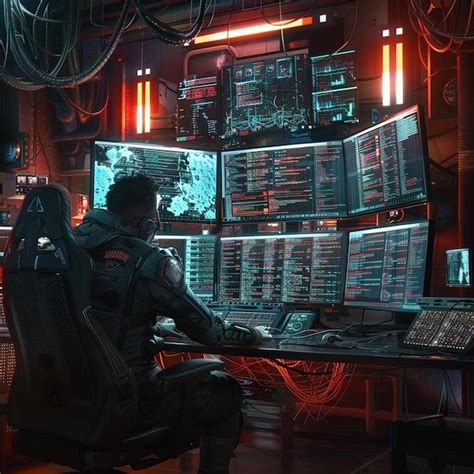 Hacker In Action Multimonitor Setup With Complex Code Displays Cyberpunk Style Premium Ai