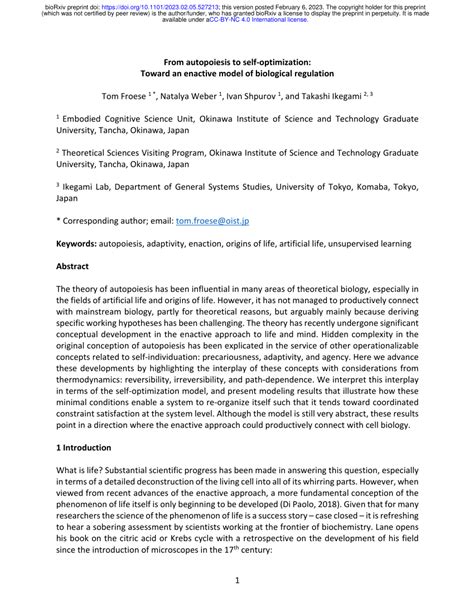 Pdf From Autopoiesis To Self Optimization Toward An Enactive Model Of Biological Regulation