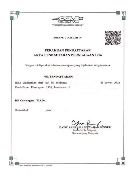 Borang Perakuan Pendaftaran Ssm Borang D Pdf
