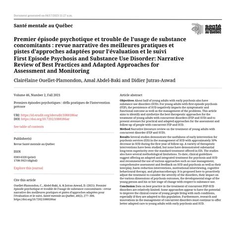 First Episode Psychosis And Substance Use Disorder Narrative Review Of Best Practices And