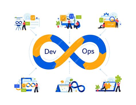 Devops 엔지니어 평면 디자인 개념 센터에 큰 무한대 기호와 작업 직원 벡터 일러스트 레이 션의 작은 아이콘 무료 벡터
