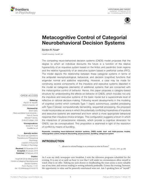 Pdf Metacognitive Control Of Categorial Neurobehavioral Decision Systems