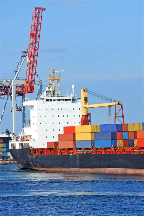 Tugboat Assisting Container Cargo Ship Stock Photo Image Of