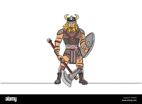 Continuous One Line Drawing Man Warrior Viking In Horned Helmet Holding