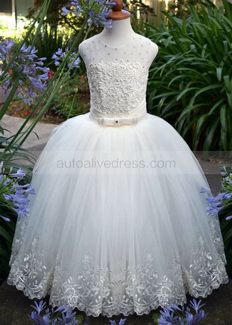 Ball Gown Beaded Ivory Lace Tulle Keyhole Back Flower Girl Dress