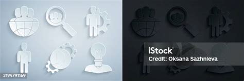 내부에 기어가 있는 인간 비즈니스 정장 사용자 헤드 램프 전구 검색 사람들 및 지구본 및 아이콘에 대한 돋보기를 설정합니다 벡터 3차원 형태에 대한 스톡 벡터 아트 및 기타